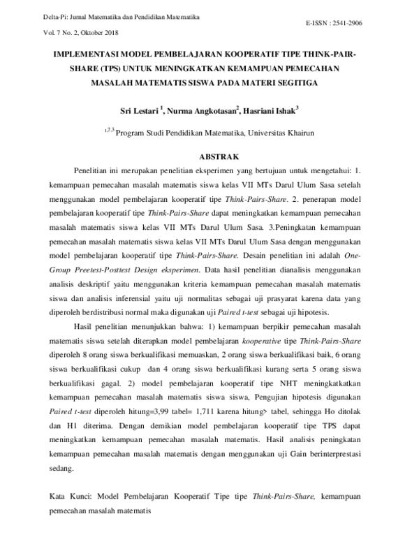 (PDF) Implementasi Model Pembelajaran Kooperatif Tipe Think-Pairshare ...