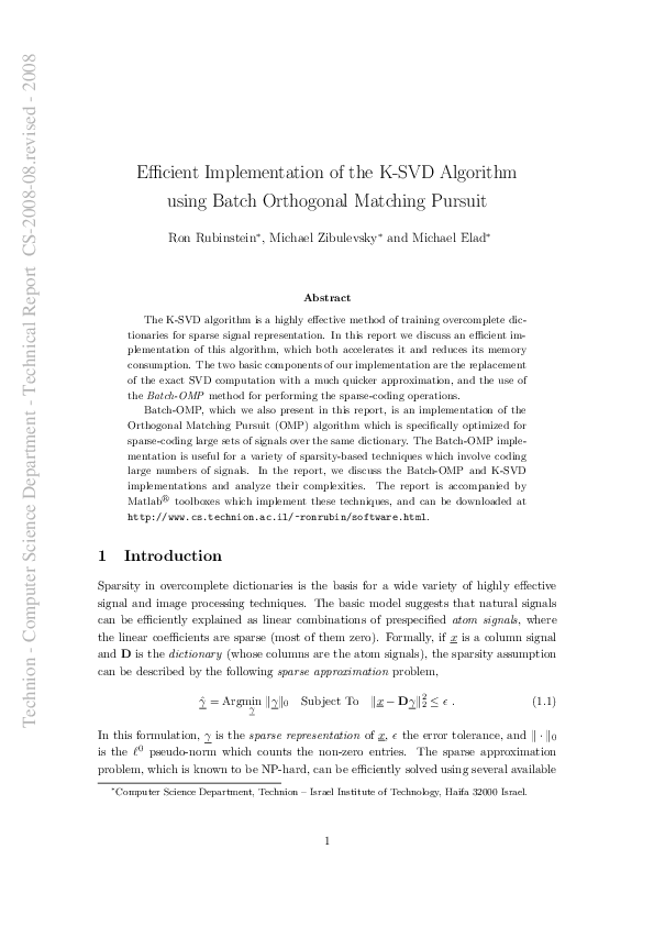 (PDF) Efficient implementation of the K-SVD algorithm using batch orthogonal matching pursuit