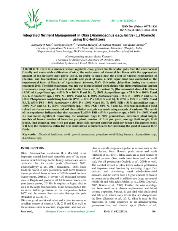 (PDF) Integrated Nutrient Management in Okra [Abelmoschus esculentus (L.) Moench] using Bio ...