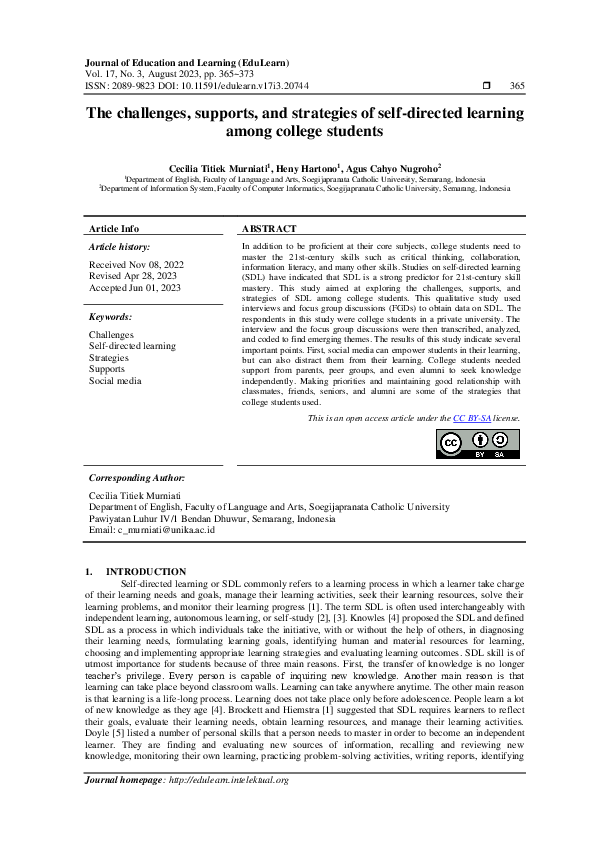 (PDF) The challenges, supports, and strategies of self-directed learning among college students