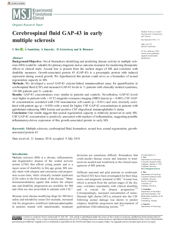 (PDF) Cerebrospinal fluid GAP-43 in early multiple sclerosis