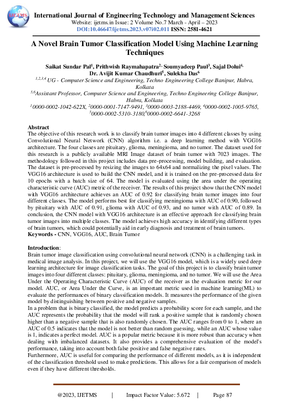 (PDF) A Novel Brain Tumor Classification Model Using Machine Learning Techniques