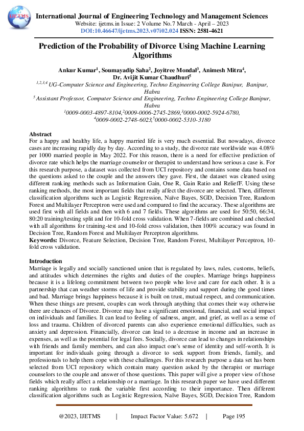 (PDF) Prediction of the Probability of Divorce Using Machine Learning Algorithms | Avijit ...
