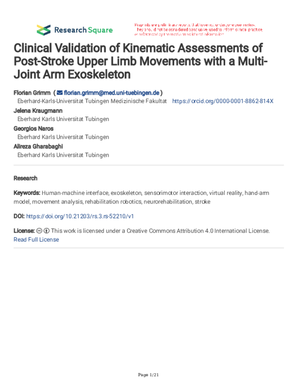 (PDF) Clinical validation of kinematic assessments of post-stroke upper limb movements with a ...
