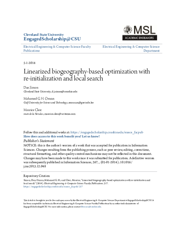 (PDF) Linearized biogeography-based optimization with re-initialization and local search