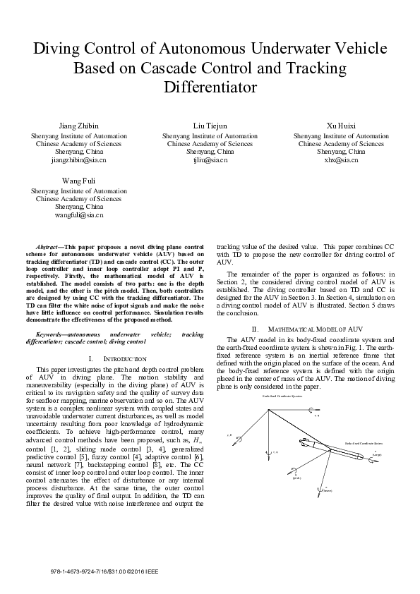 Pdf Diving Control Of Autonomous Underwater Vehicle Based On Cascade