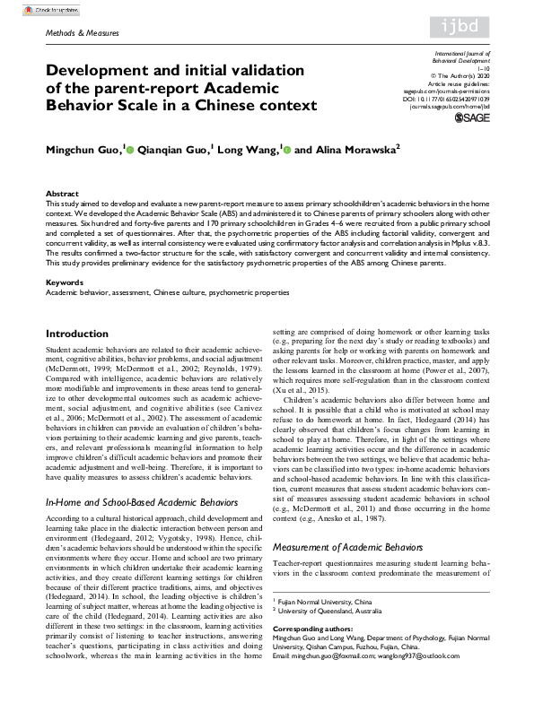 (PDF) Development and Initial Validation of a Parent Report Measure of the Behavioral ...