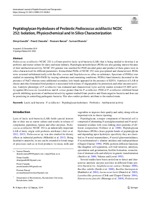(PDF) Peptidoglycan Hydrolases of Probiotic Pediococcus acidilactici NCDC 252: Isolation ...