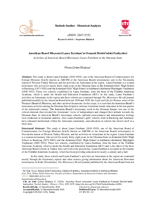 (PDF) Amerikan Board Misyoneri Laura Farnham’ın Osmanlı Devleti’ndeki ...