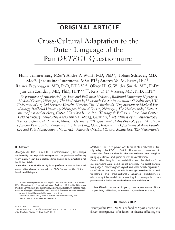 (PDF) Cross-Cultural Adaptation to the Dutch Language of the Pain ...
