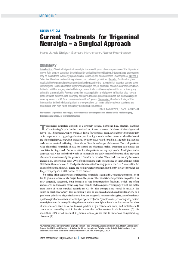 (PDF) Current Treatments for Trigeminal Neuralgia - a Surgical Approach