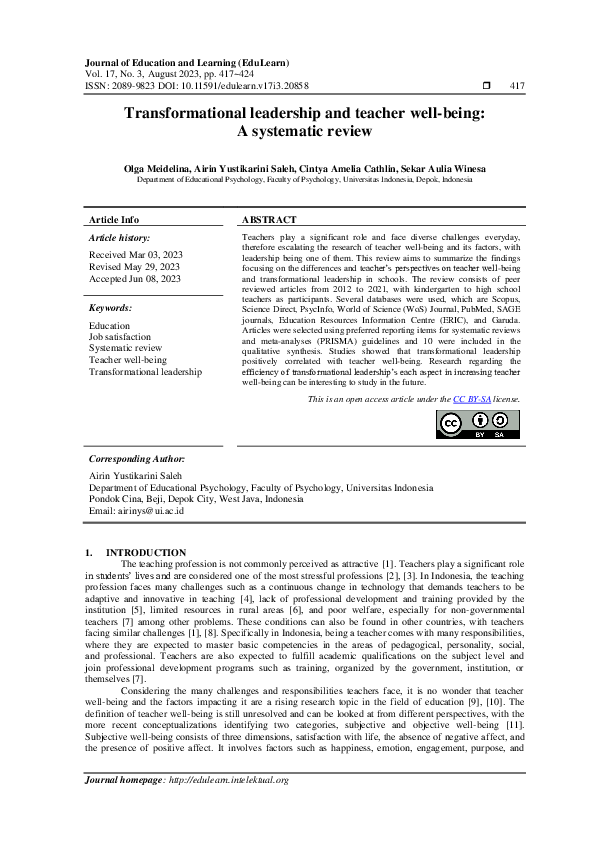(PDF) Transformational leadership and teacher well-being: A systematic review