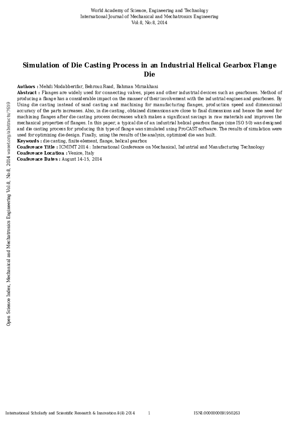 (PDF) Simulation of Die Casting Process in an Industrial Helical ...