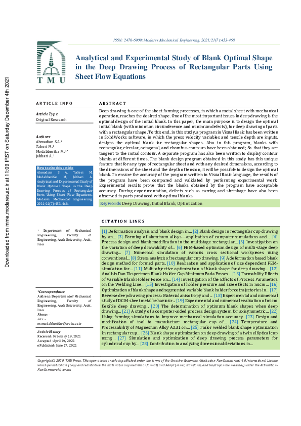 (PDF) Analytical and Experimental Study of Blank Optimal Shape in the ...