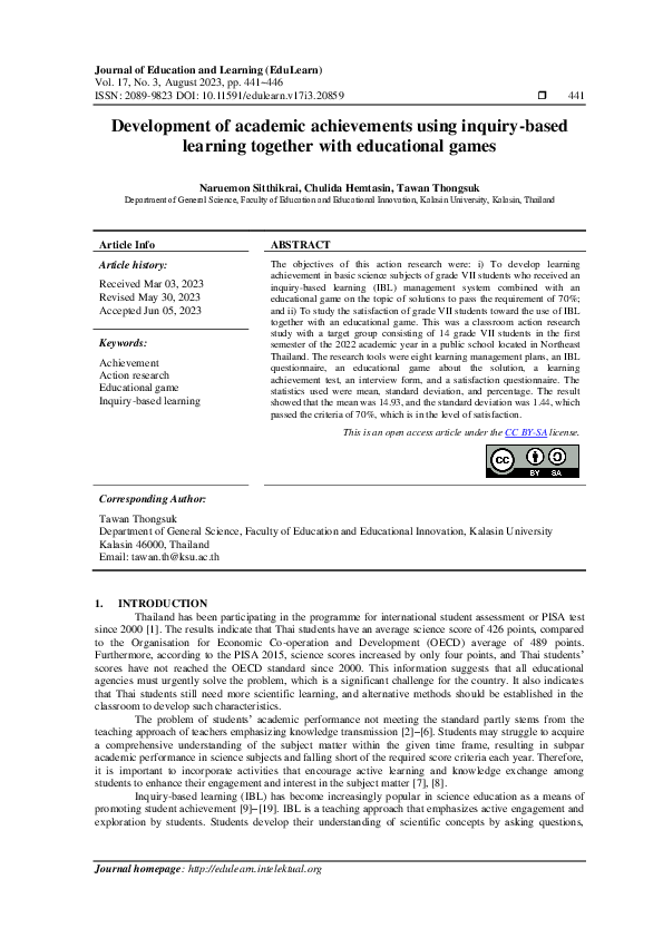 (PDF) Development of academic achievements using inquiry-based learning together with ...