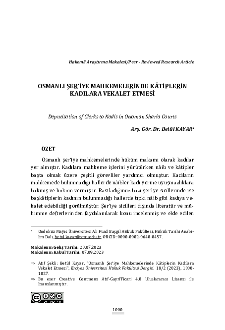 (PDF) Osmanlı Şer‘iye Mahkemelerinde Kâtiplerin Kadılara Vekalet Etmesi