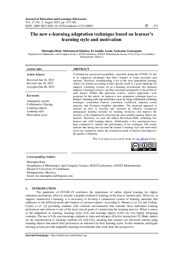 Pdf The New E Learning Adaptation Technique Based On Learners Learning Style And Motivation
