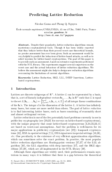 (PDF) Predicting Lattice Reduction | phong nguyen - Academia.edu