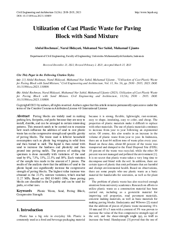 (PDF) Utilization of Cast Plastic Waste for Paving Block with Sand Mixture