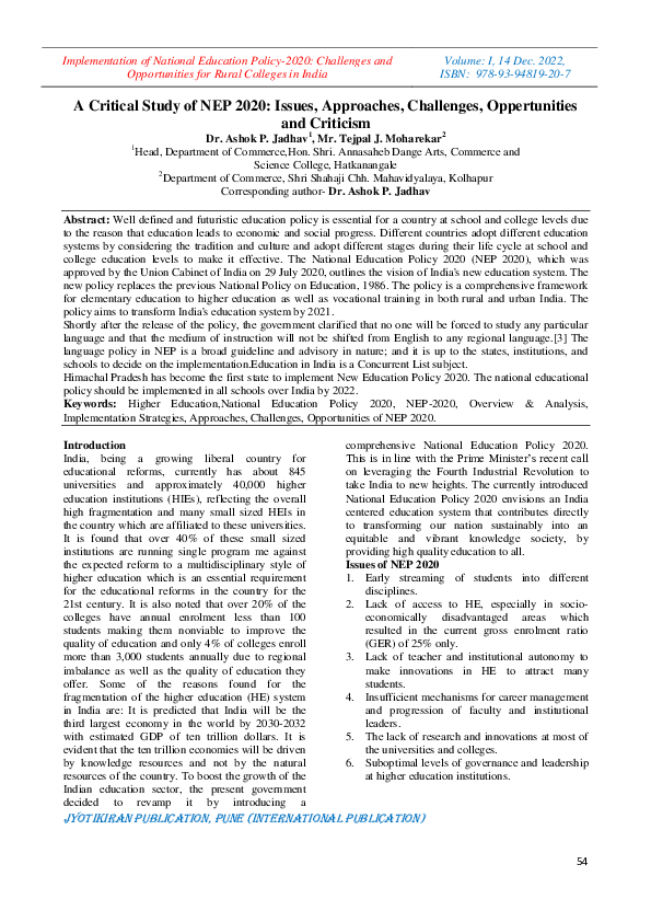 (PDF) A Critical Study of NEP 2020: Issues, Approaches, Challenges ...