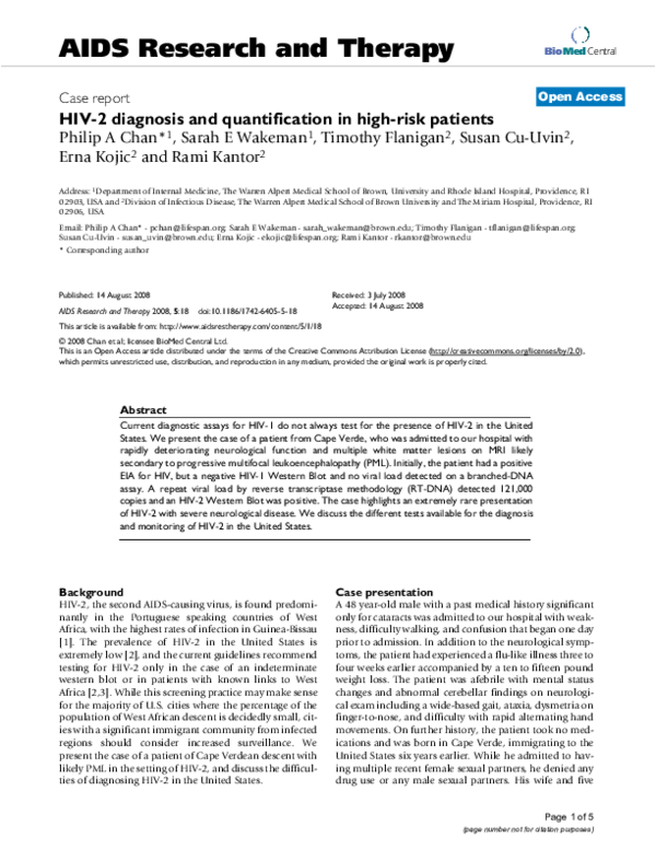 (PDF) HIV-2 diagnosis and quantification in high-risk patients | Susan ...