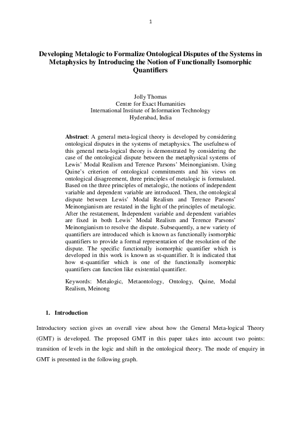 Pdf Developing Metalogic To Formalize Ontological Disputes Of The Systems In Metaphysics By 