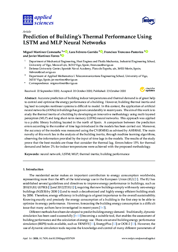 (PDF) Prediction of Building’s Thermal Performance Using LSTM and MLP Neural Networks