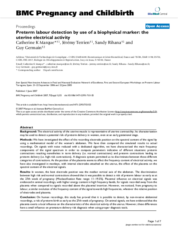 (PDF) Preterm labour detection by use of a biophysical marker: the uterine electrical activity