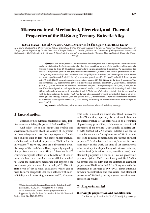(PDF) Microstructural, mechanical, electrical, and thermal properties of the Bi-Sn-Ag ternary ...