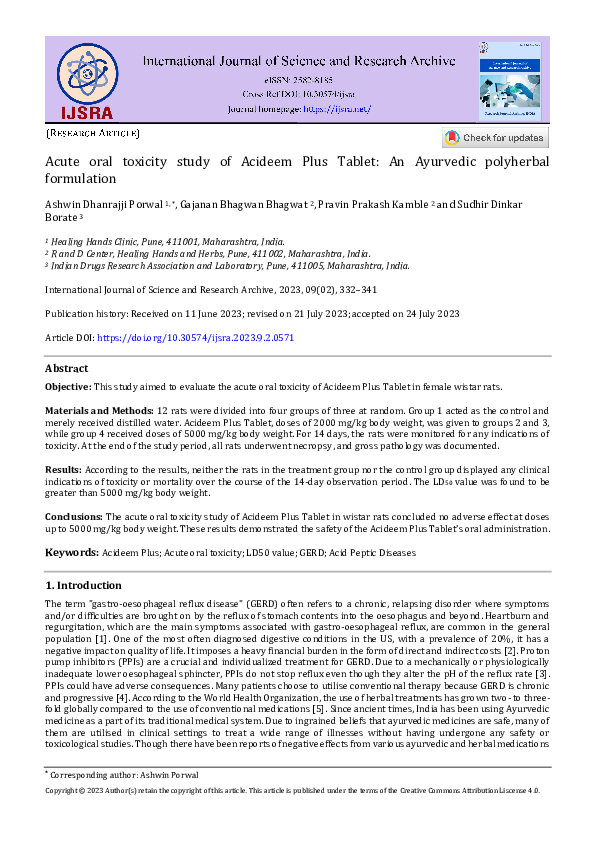 (PDF) Acute oral toxicity study of Acideem Plus Tablet: An Ayurvedic ...
