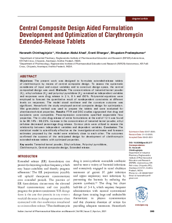 (PDF) Central Composite Design Aided Formulation Development and Optimization of Clarythromycin ...