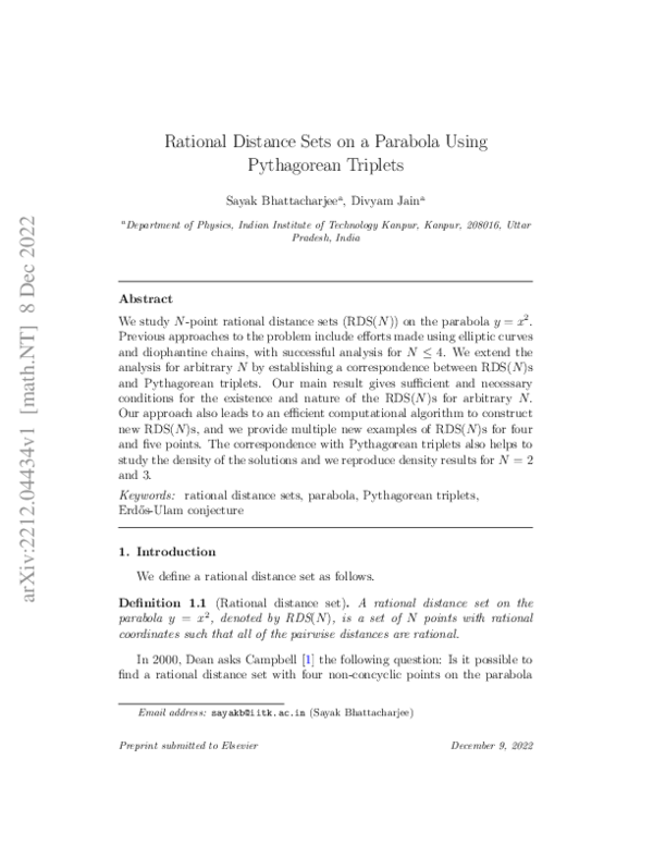 (PDF) Rational distance sets on a parabola using Pythagorean triplets