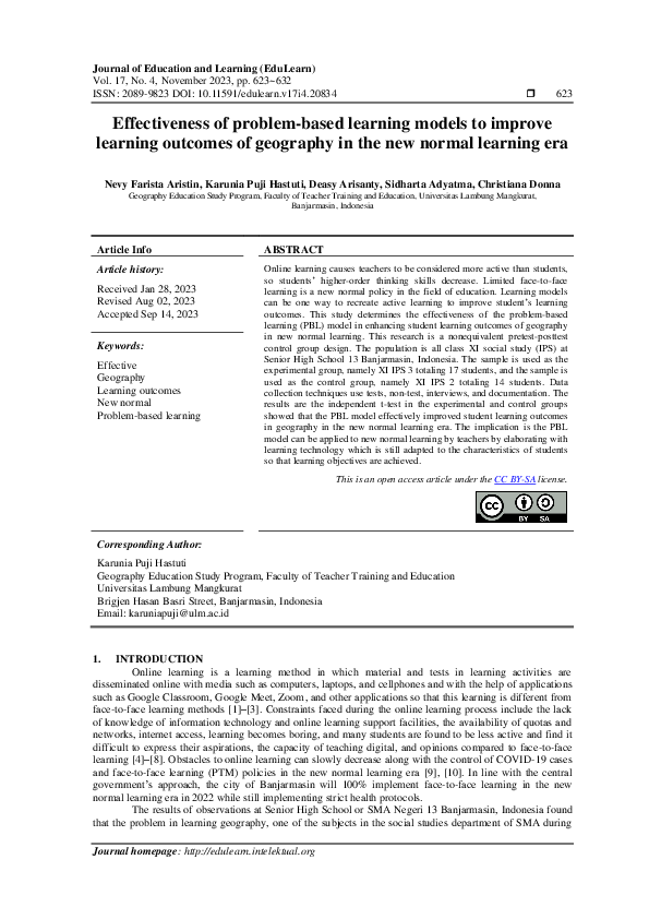 (PDF) Effectiveness of problem-based learning models to improve learning outcomes of geography ...