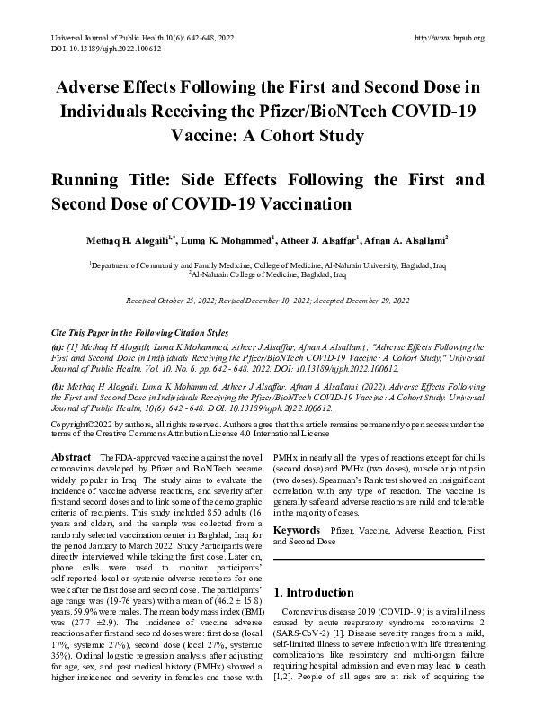 (PDF) Adverse Reactions to Pfizer Vaccine in Iraq
