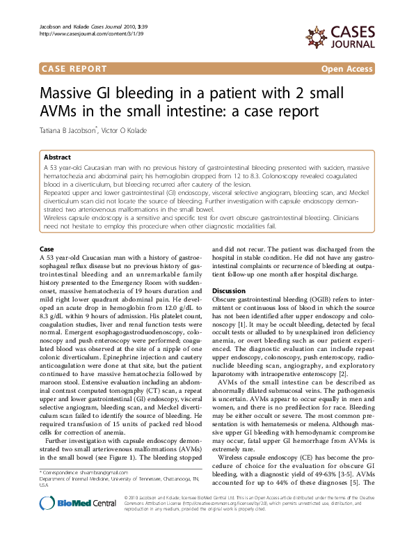 (PDF) Massive GI bleeding in a patient with 2 small AVMs in the small ...