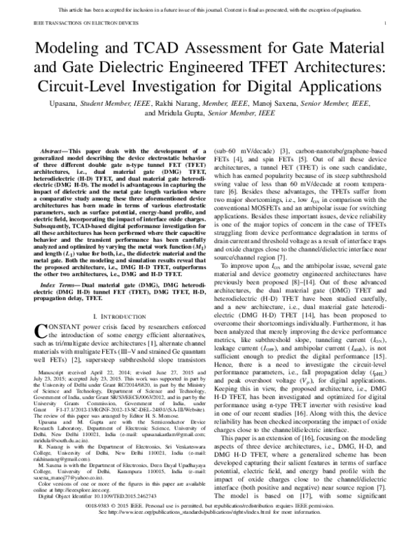 (PDF) Modeling and TCAD Assessment for Gate Material and Gate Dielectric Engineered TFET ...
