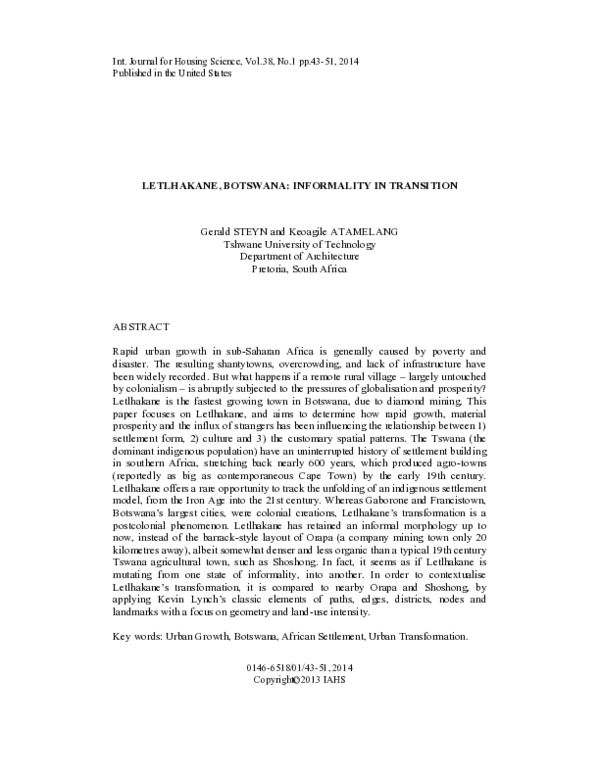 (PDF) Letlhakane, Botswana: Informality in Transition