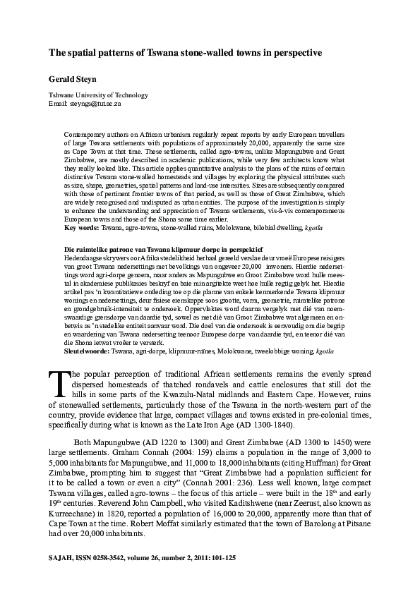 (PDF) The spatial patterns of Tswana stone-walled towns in perspective ...