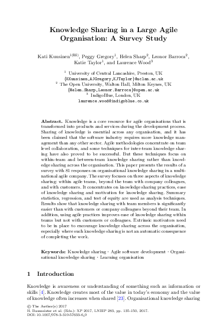 (PDF) Knowledge Sharing in a Large Agile Organisation: A Survey Study | Helen Sharp - Academia.edu