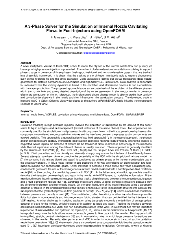 Pdf A 3 Phase Solver For The Simulation Of Internal Nozzle Cavitating Flows In Fuel Injectors