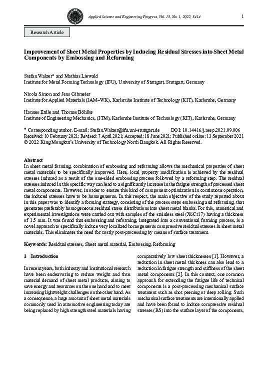 (PDF) Improvement of Sheet Metal Properties by Inducing Residual ...