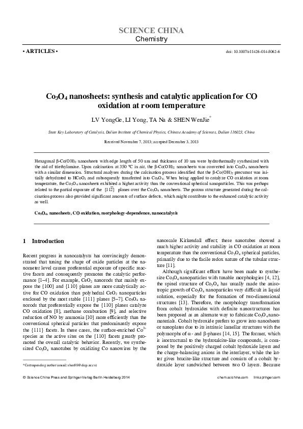 (PDF) Co3O4 nanosheets: synthesis and catalytic application for CO oxidation at room temperature