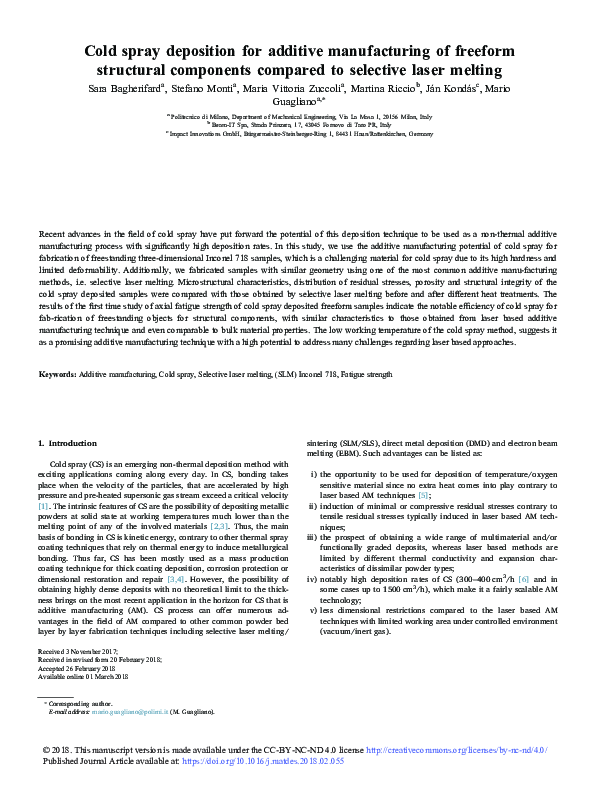 (PDF) Cold spray deposition for additive manufacturing of freeform ...