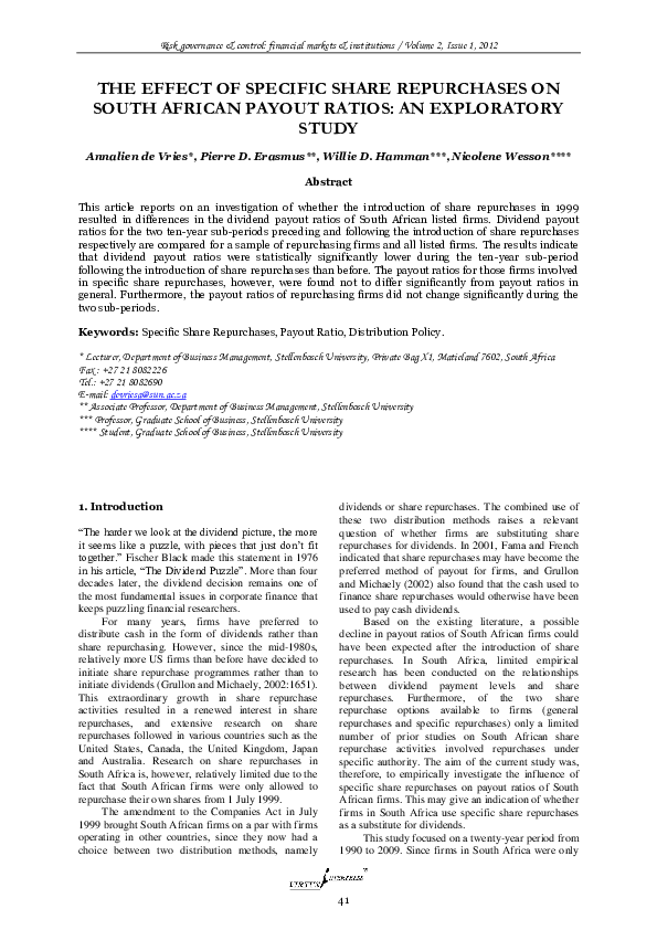 (PDF) The Effect of Specific Share Repurchases on South African Payout ...