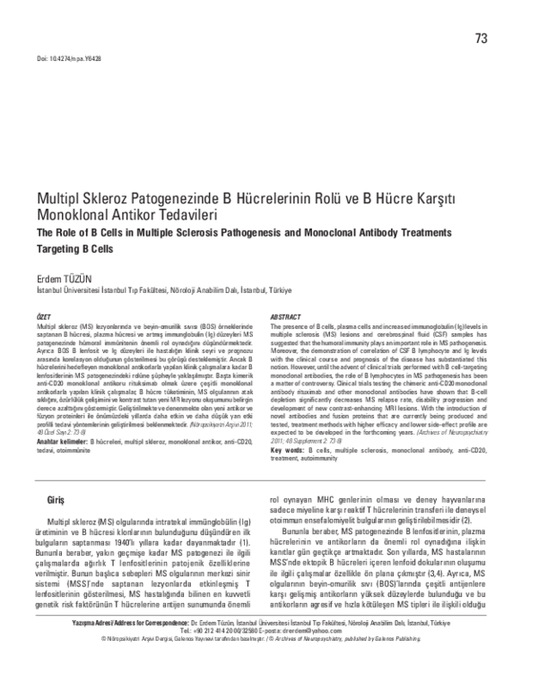 (PDF) Multipl Skleroz Patogenezinde B Hücrelerinin Rolü ve B Hücre ...