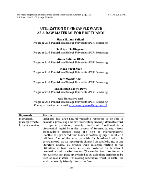 (PDF) Utilization of Pineapple Waste as a Raw Material for Bioethanol