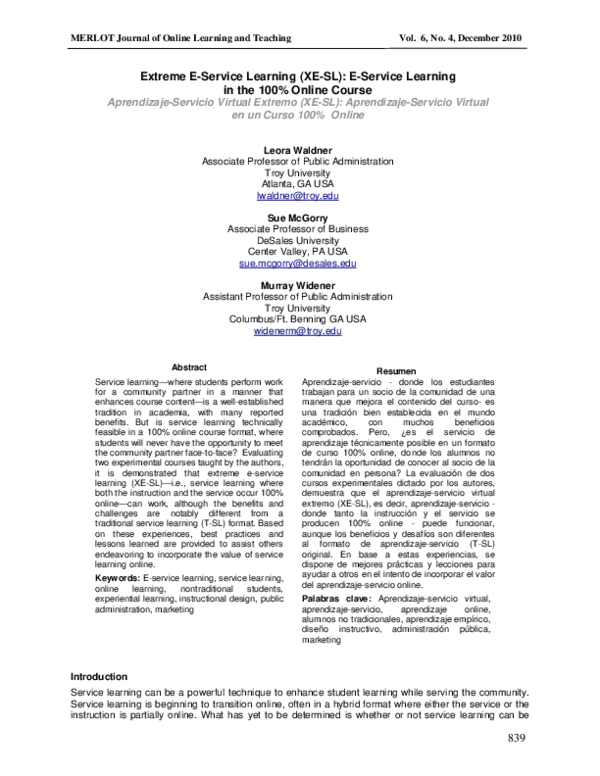 (PDF) Extreme E-Service Learning (XE-SL): E-Service Learning in the 100% Online Course ...
