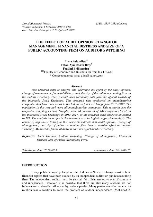 (PDF) The Effect of Audit Opinion, Change of Management, Financial Distress and Size of a Public ...