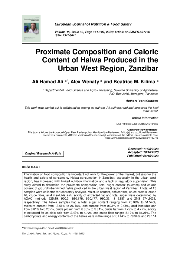(PDF) Proximate Composition and Caloric Content of Halwa Produced in ...
