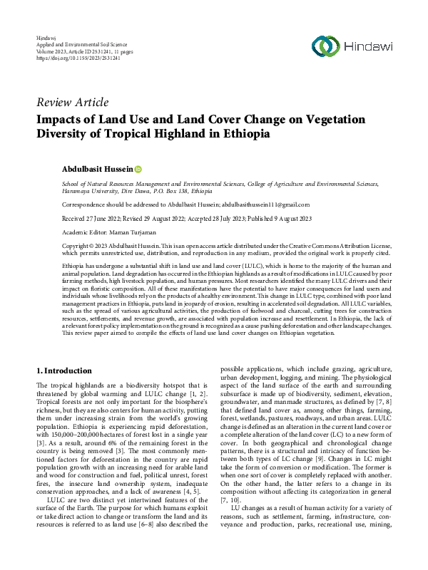 (PDF) Impacts of Land Use and Land Cover Change on Vegetation Diversity of Tropical Highland in ...